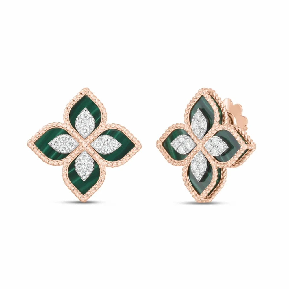 Princess Flower earrings with diamonds and malachite