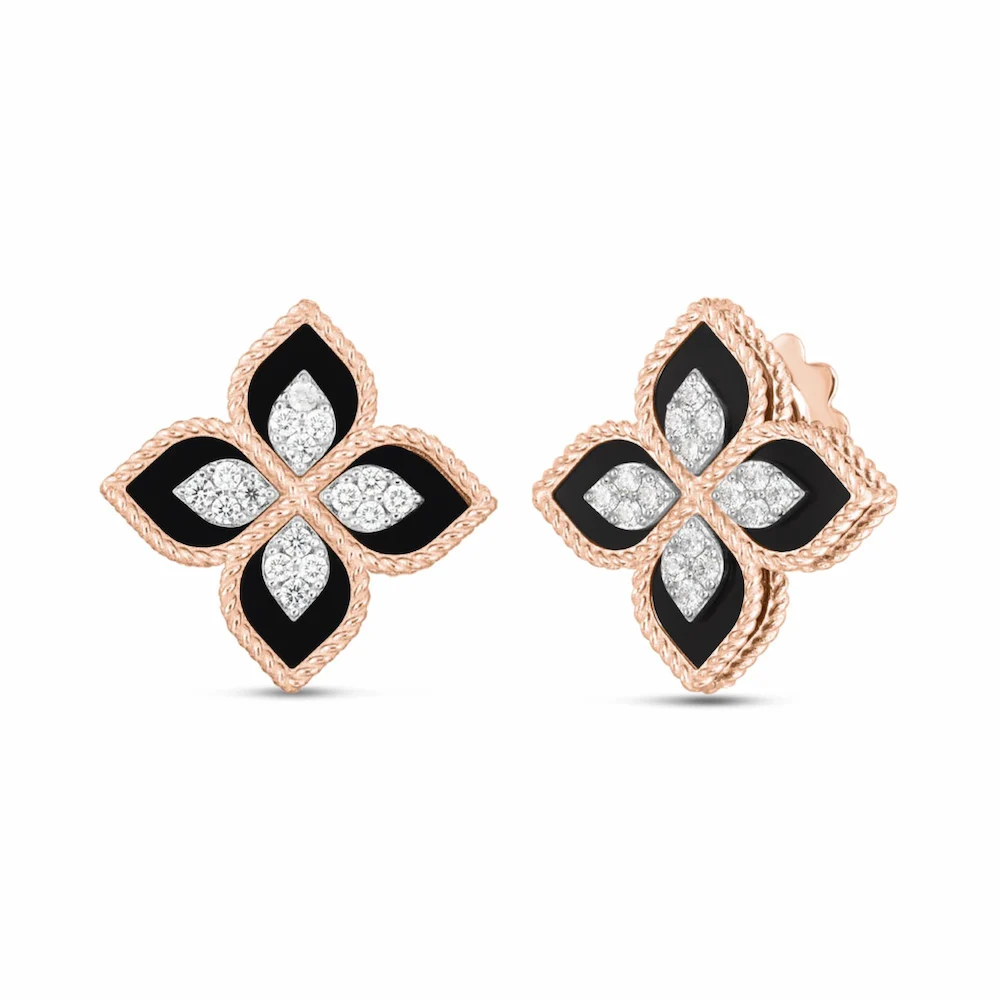 Princess Flower earrings with diamonds and black jade