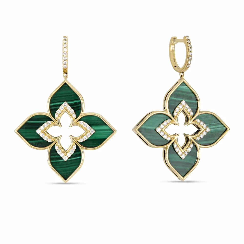 Venetian Princess earrings with diamonds and malachite