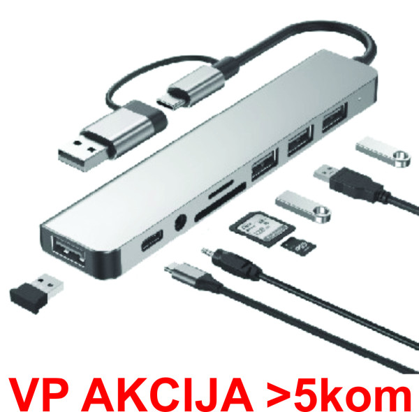 A-CM-COMBO8-06 ** Gembird USB-A + USB-C multi-port 8-in-1 USB3.0+USB2.0+SD+3.5mm+Data (759)