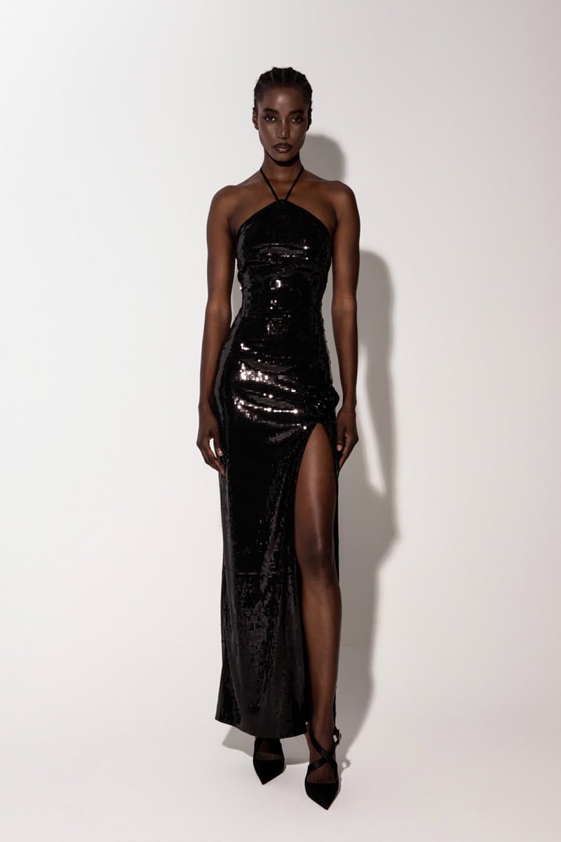 Halterneck sequin maxi dress in black