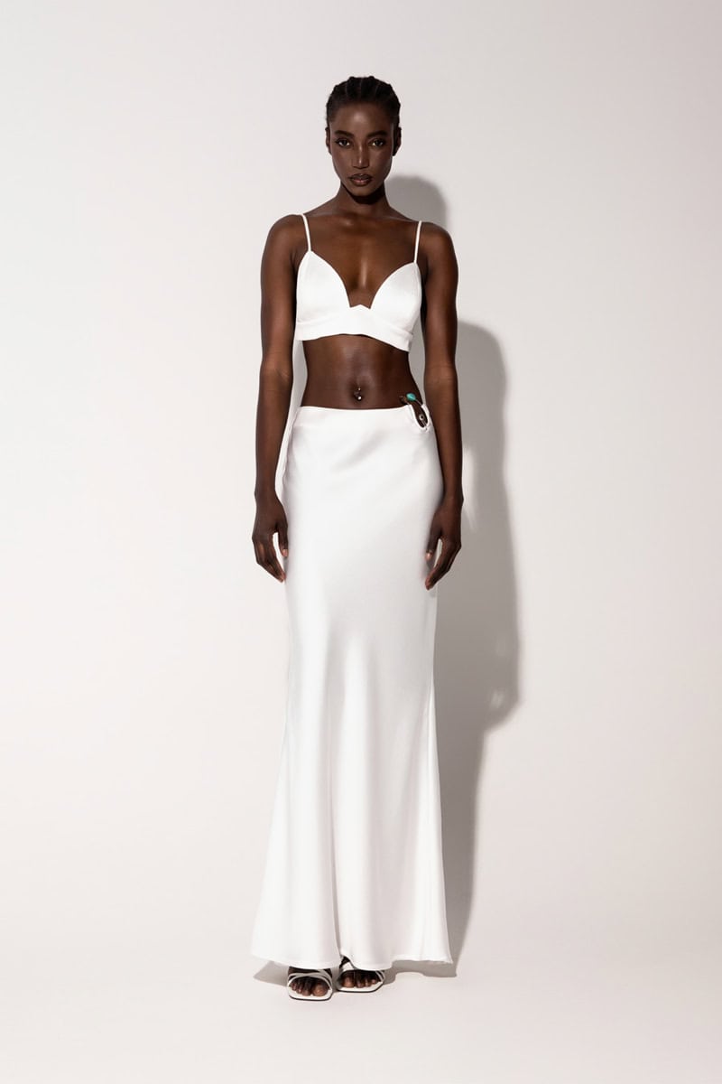 Embellished cutout crep maxi skirt in white