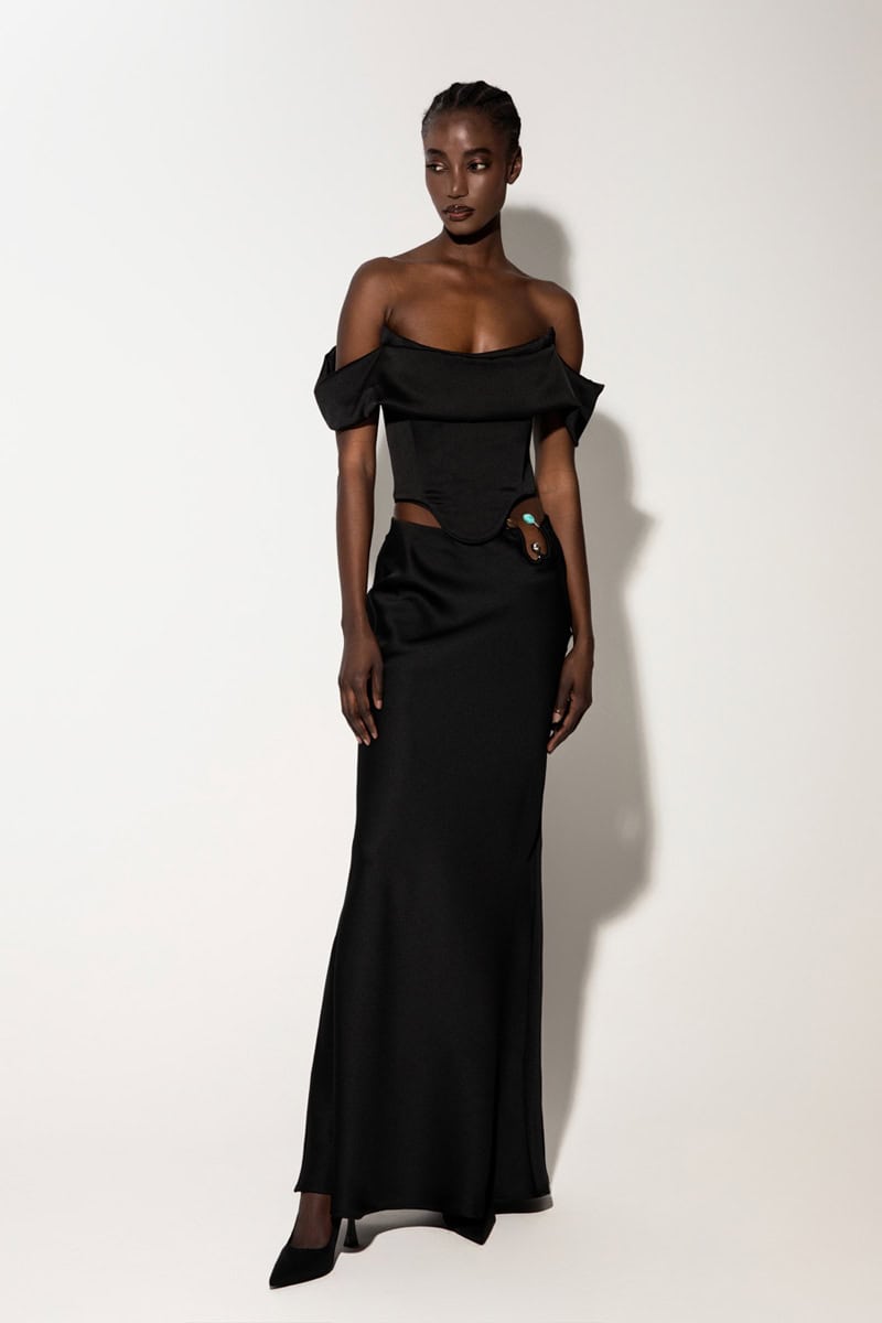 Off shoulder satin crepe corset in black