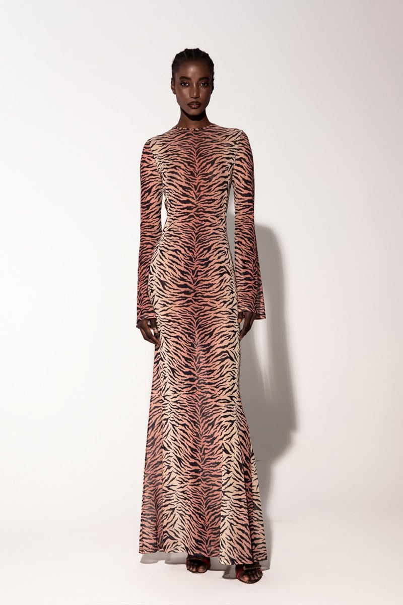 Long sleeve mesh dress in tiger print