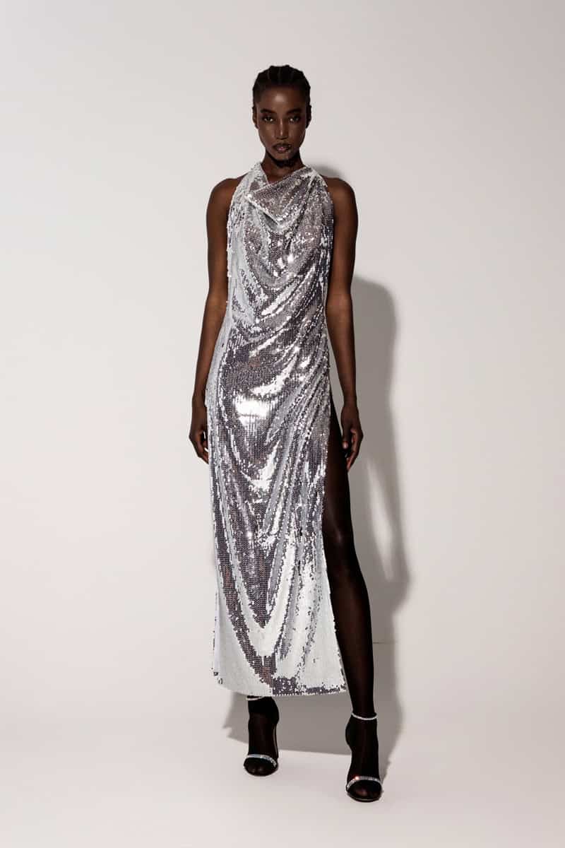 Cowl neek sequin dress in silver