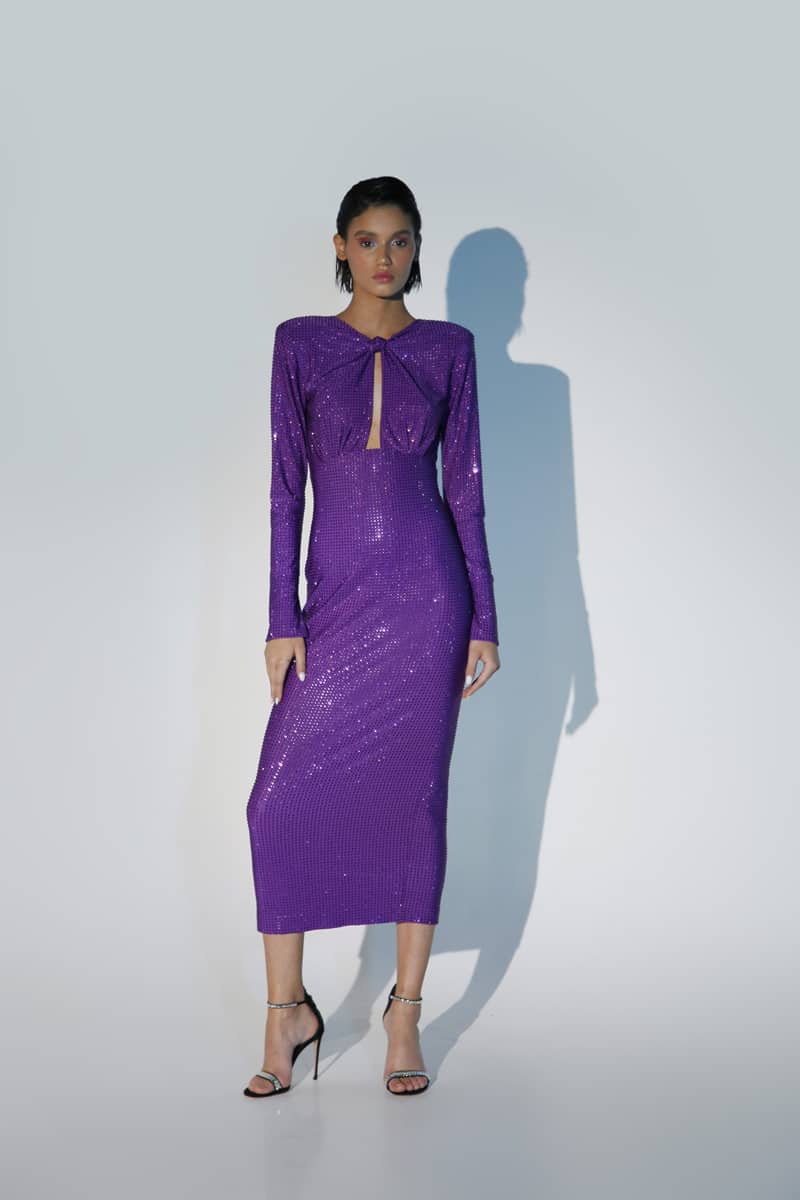 Purple crystal jeweled midi dress with open back