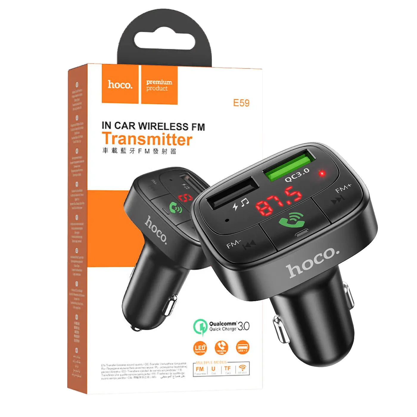 HOCO FM transmiter, Auto punjač E59 Promise, Bluetooth, 12/24V, 2 x USB, microSD, PD 18W, crni