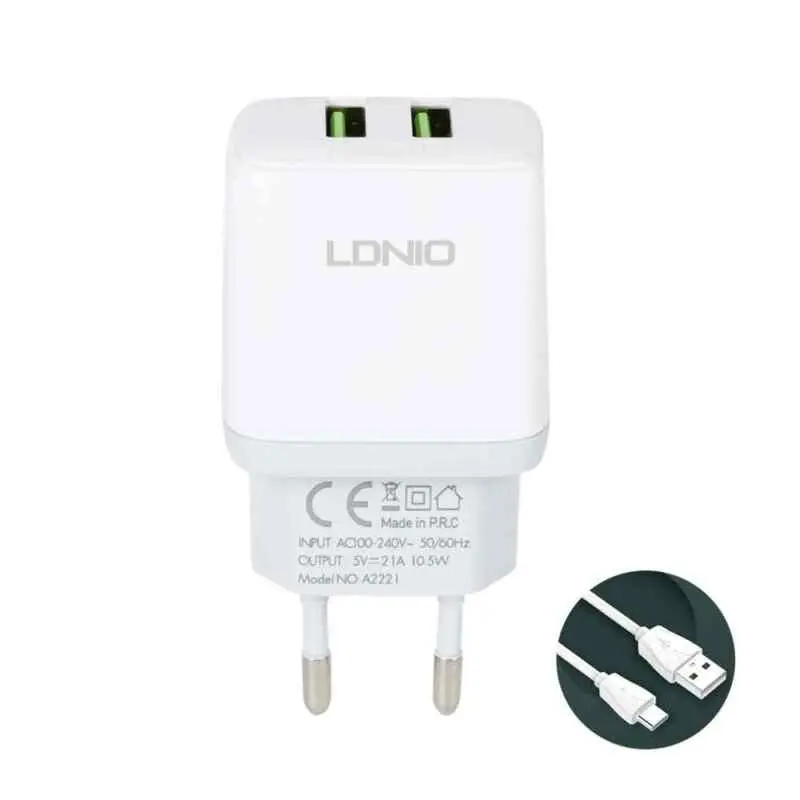 Kucni punjac LDNIO A2221 2xUSB,12W sa Type C kablom beli