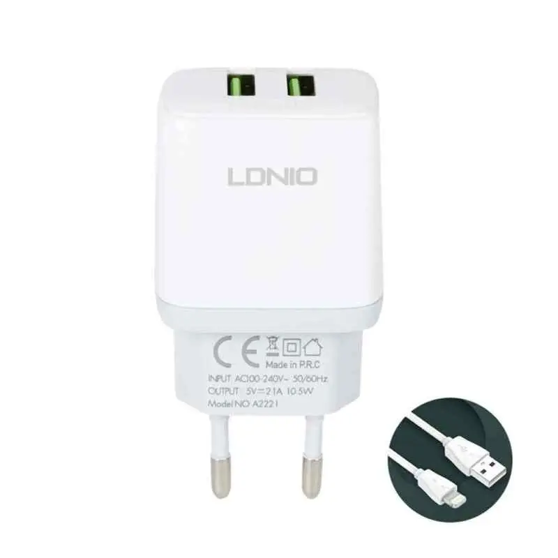 Kucni punjac LDNIO A2221 2xUSB,12W sa iPhone lightning kablom beli