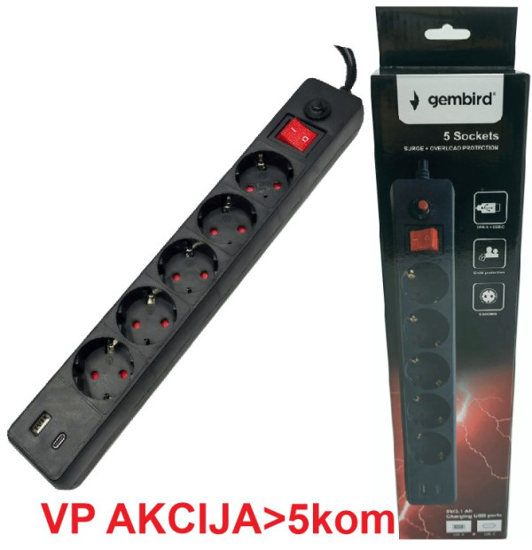 SPG5-B-6(3G1.5)**GEMBIRD PRODUZNI KABL SA ZASTITOM 5 UTICNICA, 5V/3.1A USB-A+C 16A/3500W 1.8M BLACK