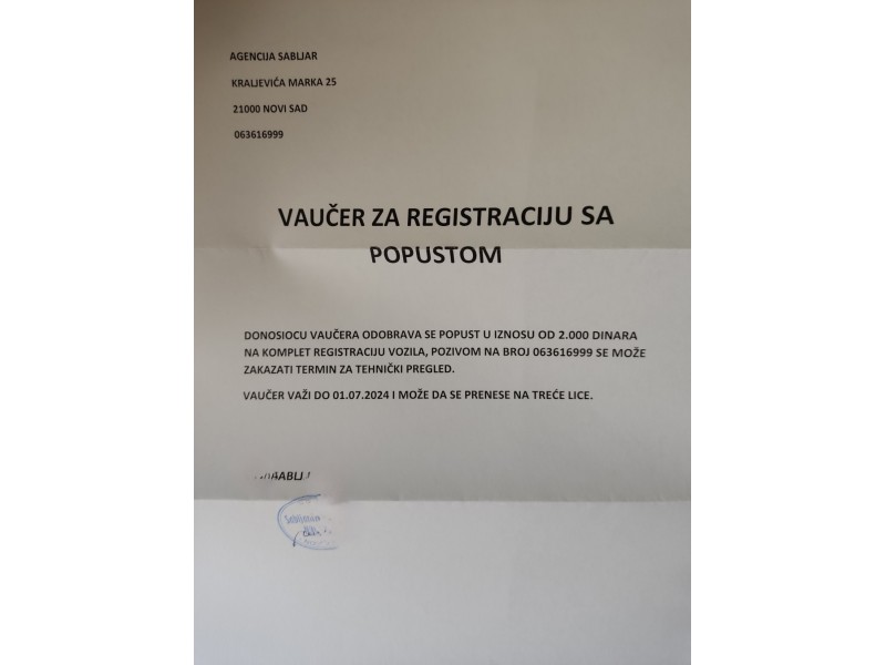 Vaucer za registraciju vozila sa popustom od 2000dinara