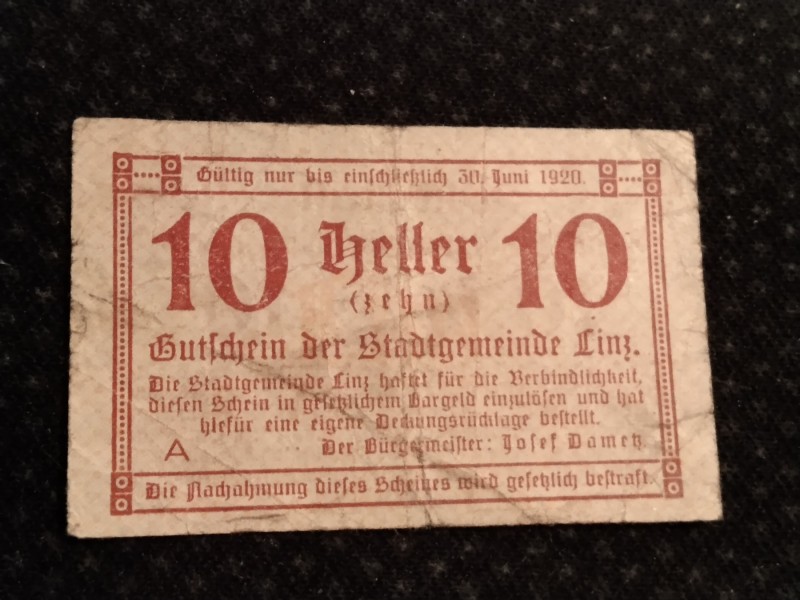 10 helera 1920 austrija gradski novac