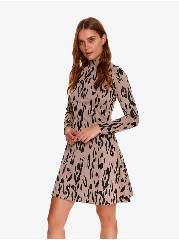 BEIGE WOMEN'S PATTERNED DRESS WITH STAND-UP COLLAR TOP SECRET - WOMEN'S