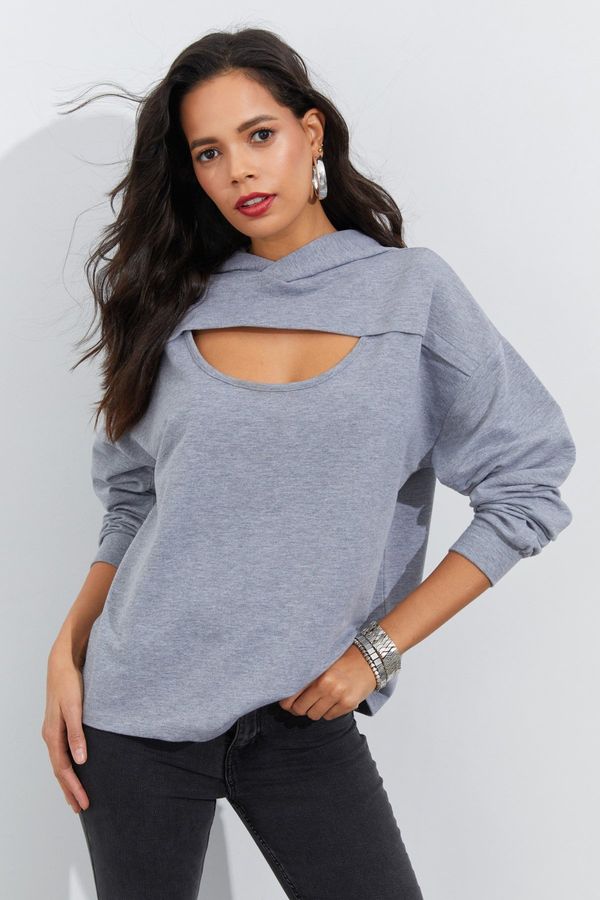 COOL & SEXY WOMEN'S GRAY WITH WINDOW FRONT HOODED SWEATSHIRT