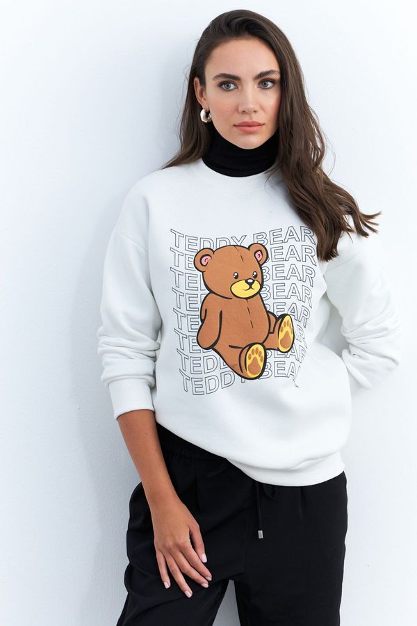 COOL & SEXY WOMEN'S ECRU TEDDY BEAR PRINTED SWEATSHIRT ZM288
