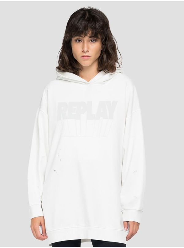 WHITE WOMEN'S OVERSIZE SWEATSHIRT WITH TORN REPLAY EFFECT - WOMEN