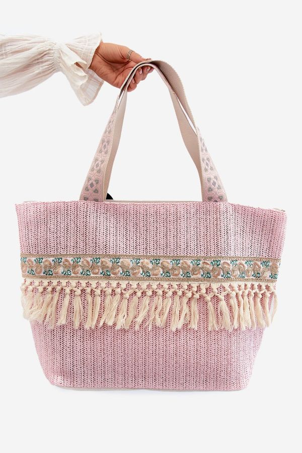 MARKA NIEZDEFINIOWANA WOVEN LARGE BEACH BAG WITH TASSELS PINK MISSALORI