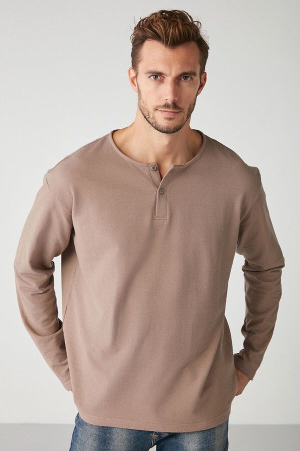 GRIMELANGE LORENZO MEN'S SPECIAL RUSTIC TEXTURED 100% ORGANIC COTTON BUTTON DETAILED REGULAR MINK SWEATSHIR