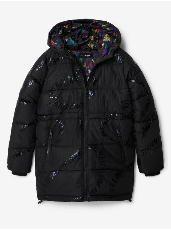 BLACK GIRLY WINTER QUILTED COAT DESIGUAL LETTERS - GIRLS