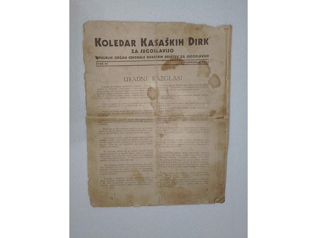 KOLEDAR KASAŠKIH DIRK ZA JUGOSLAVIJO 1940.GODINA