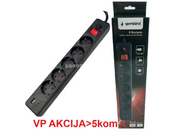 SPG5-B-6(3G1.5)**Gembird produzni kabl sa zastitom 5 uticnica, 5V/3.1A USB-A+C 16A/3500W 1.8m Black