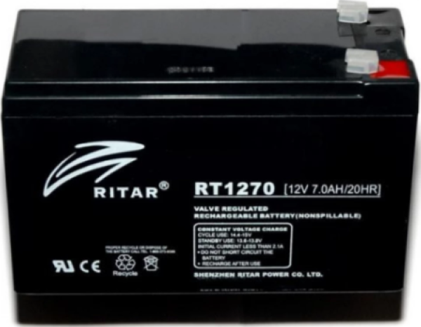 RITAR 12V-7Ah F1, RT1270 Olovna VRLA baterija, 151×65×99, 1.95KG, BLACK