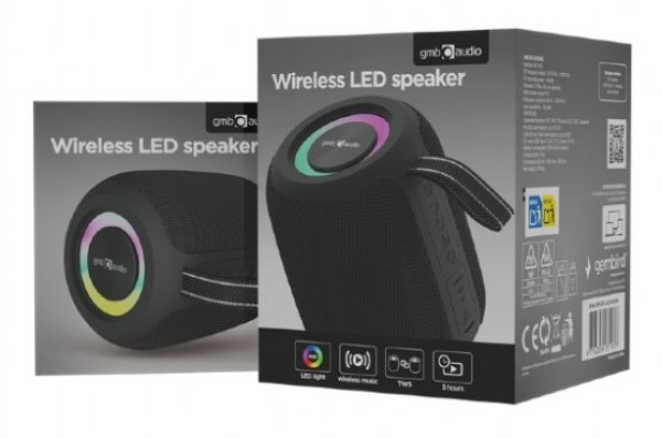 SPK-BT-LED-05-BK Gembird Portable Bluetooth RGB LED TWS speaker, 8W, BT, FM, USB, Handsfree, Black