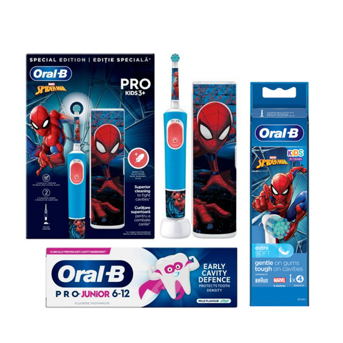 Oral-B Kids Spiderman set za dečiju higijenu zuba - Električna četkica sa kutijom + Zamenski nastavci 4kom + Pro Junior pasta za zube