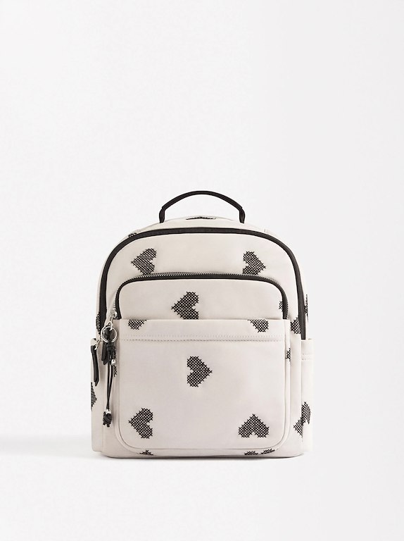 Nylon Backpack With Heart Print