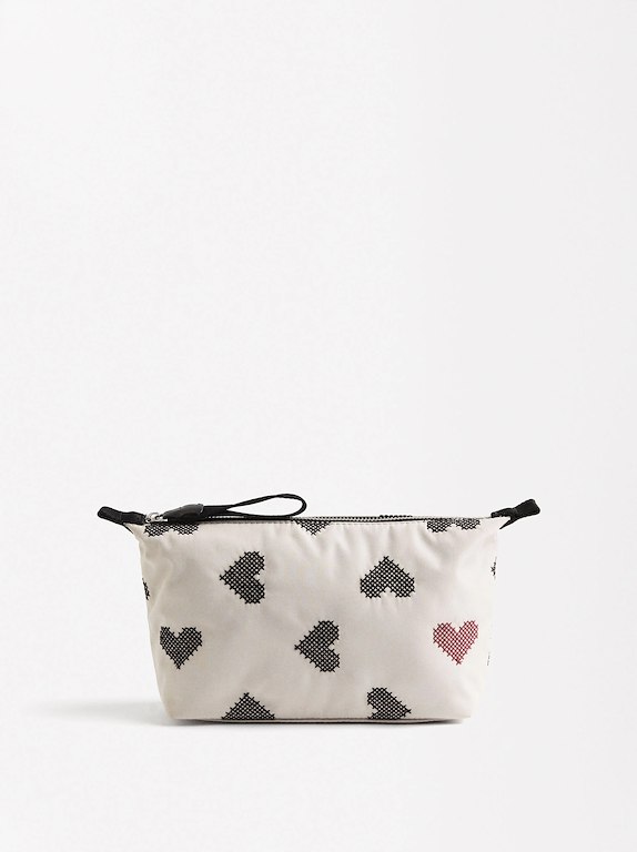 Nylon Heart-Printed Cosmetic Bag