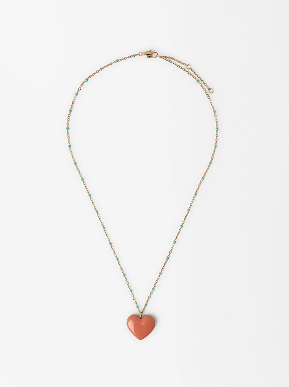 Necklace With Enamel Reversible Heart - Stainless Steel