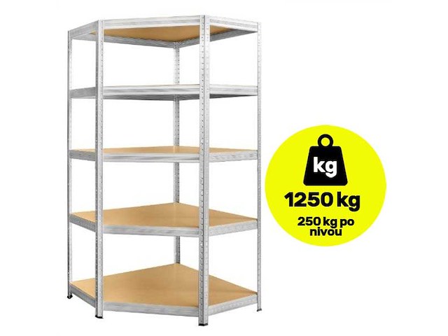 Ugaona metalna polica velike nosivosti 5x250kg 180x90x90x45cm