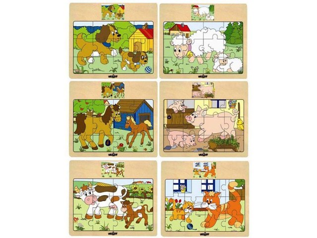 WOODY Puzzle Set 6 motiva DOMAĆE ŽIVOTINJE 12 delova 93010