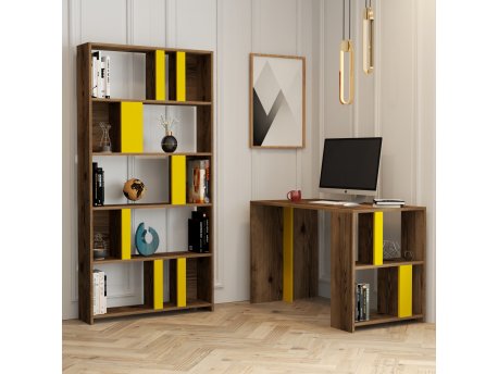 HANAH HOME Radni sto sa policom za knjige Lima Walnut Yellow