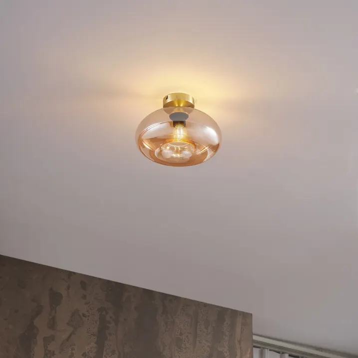 Art Deco Plafonska Lampa Mesing sa Jantarnim Staklom - Busa