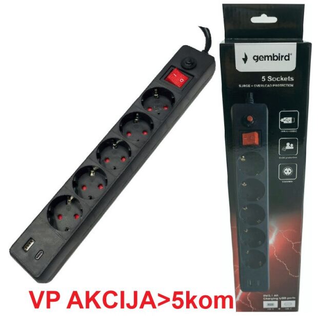 SPG5-B-6(3G1.5)**Gembird produzni kabl sa zastitom 5 uticnica, 5V/3.1A USB-A+C 16A/3500W 1.8m Black