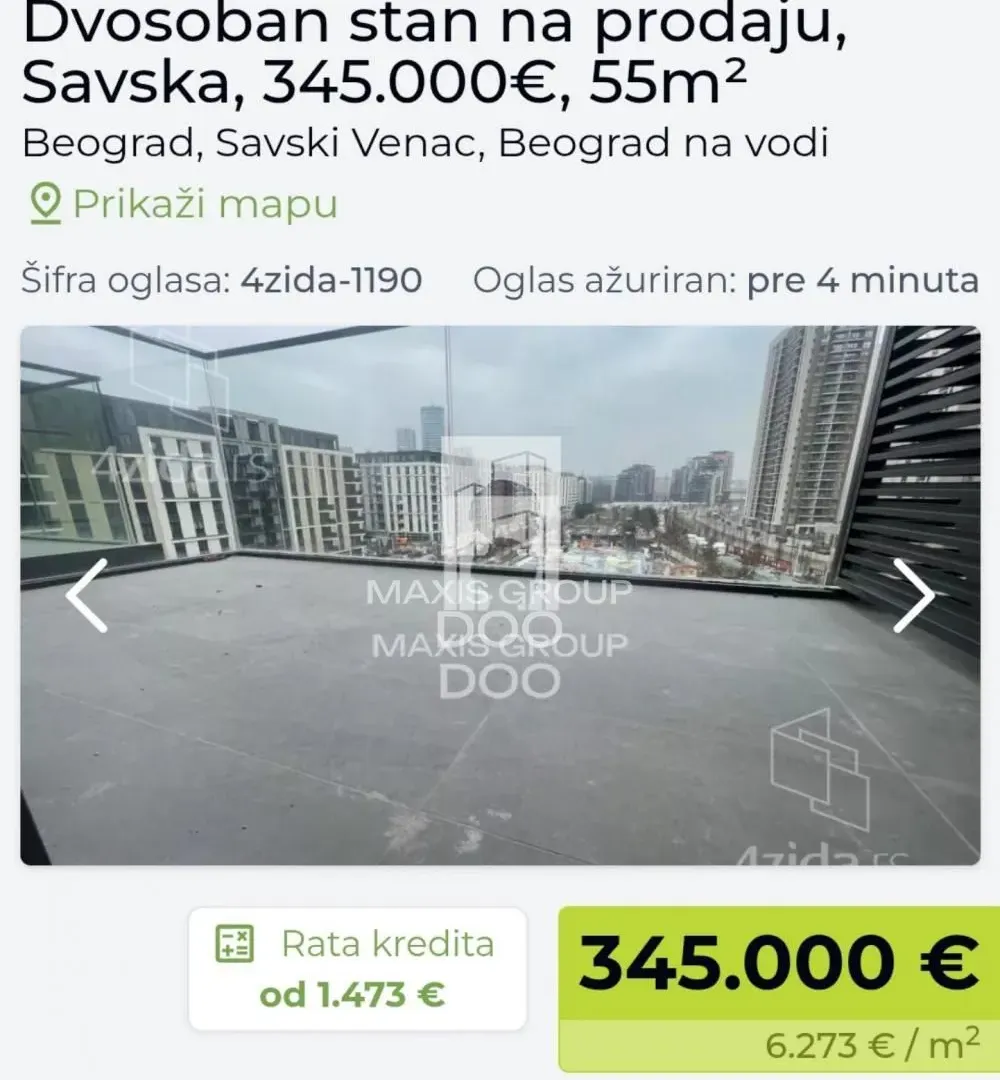 Prodaja, jednosoban stan, 56m2, Beograd Na Vodi, Beograd