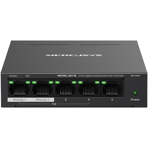 Mercusys MS105GP 5-Port Gigabit Desktop Switch with 4-Port PoE+, 4×Gigabit PoE+ Ports, 1×Gigabit Non-PoE Port, 65 W PoE Power, Desktop Stee