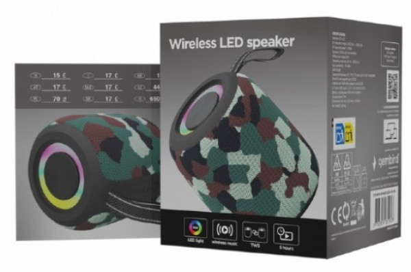 SPK-BT-LED-05-CM Gembird Portable Bluetooth RGB LED TWS speaker, 8W, BT, FM, USB, Handsfree, CAMO