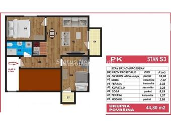 Veternik-Lepi Trosoban stan 45 m2 na Drugom Spratu kod Lipovog gaja-065/385 8880