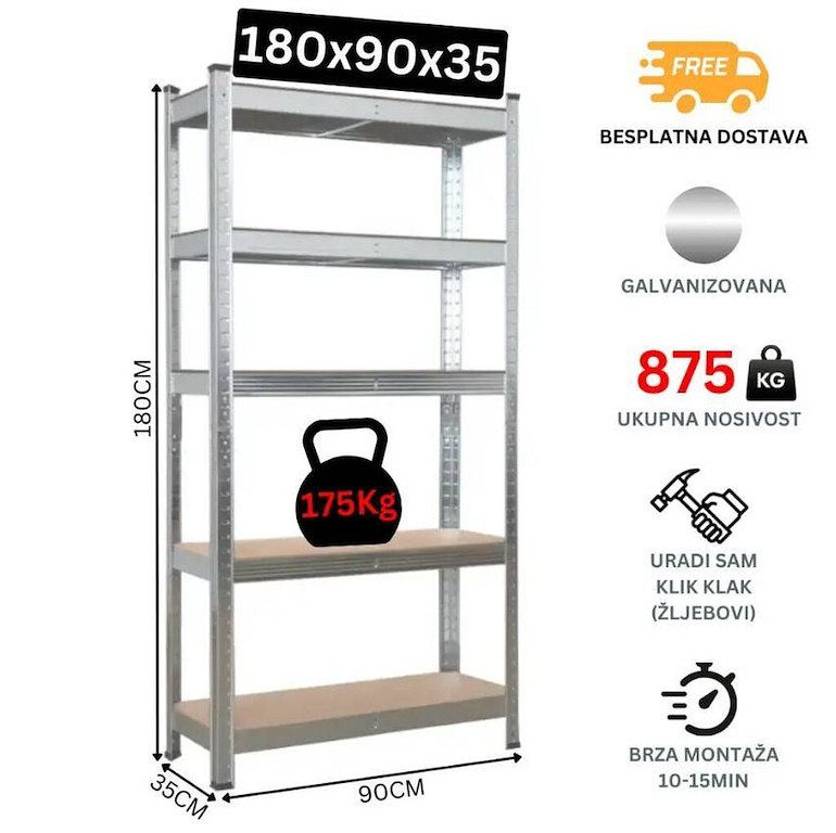 Galvanizovana metalna polica dimenzija 180x90x35cm Naša galvanizovana