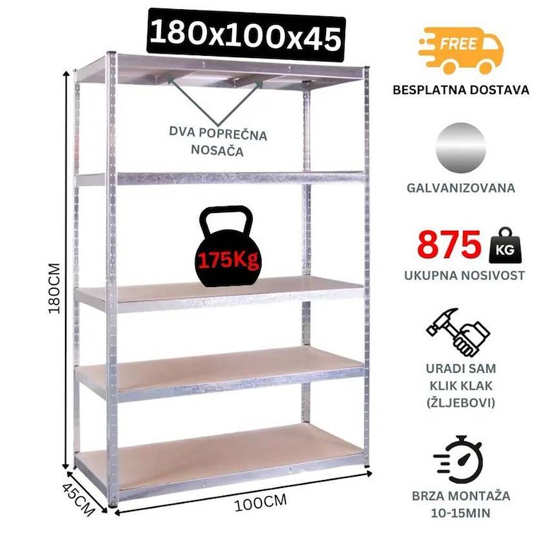 Galvanizovana metalna polica dimenzija 180x100x45cm Naša