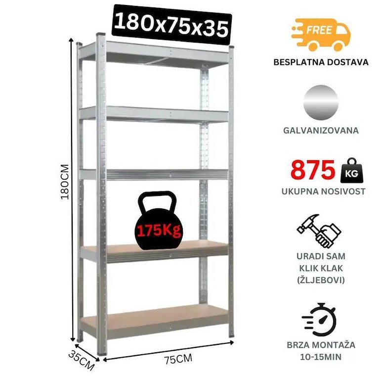 Galvanizovana metalna polica dimenzija 180x75x35cm Naša