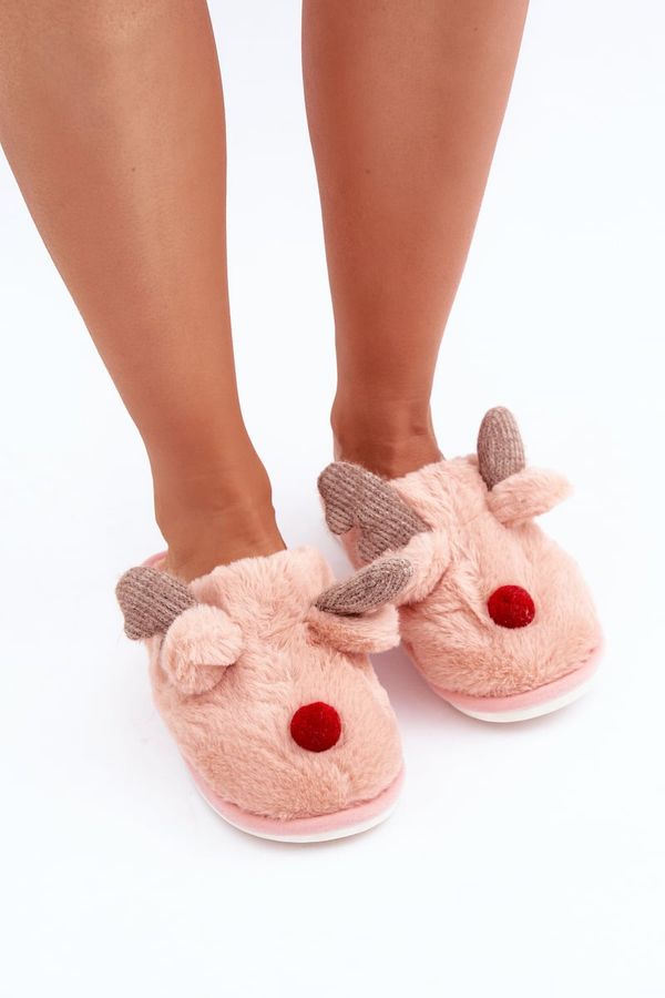 MARKA NIEZDEFINIOWANA WOMEN FUR SLIPPERS WITH REINDEER MOTIF PINK SENNALITH
