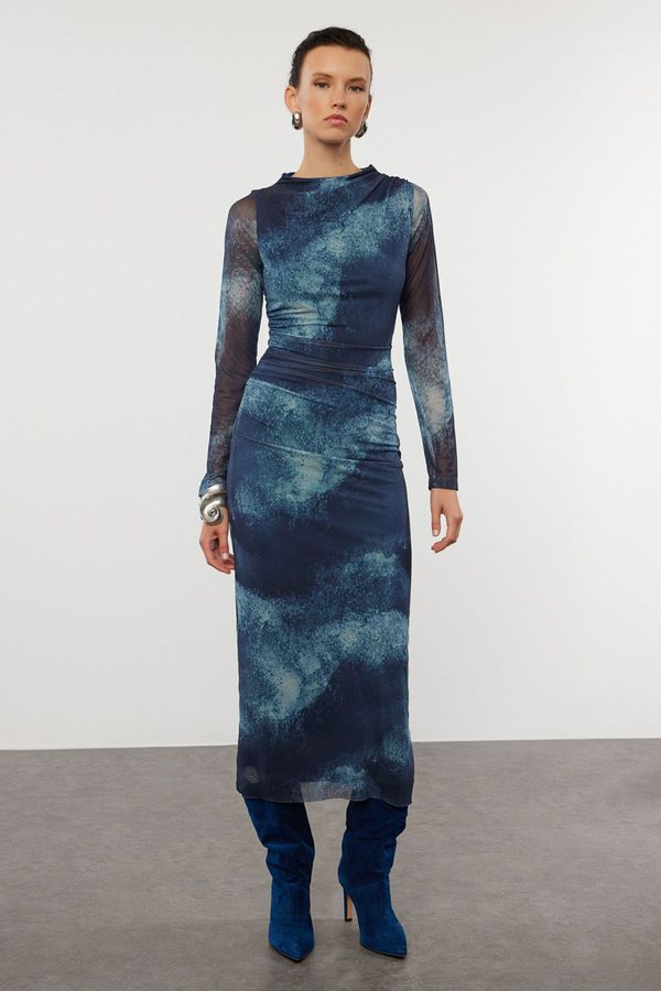 TRENDYOL BLUE ABSTRACT BODYCONE GATHER/DRAPE MAXI KNIT DRESS