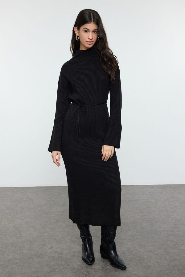 TRENDYOL BLACK RIB/CAMISOLE BELTED KNITWEAR DRESS