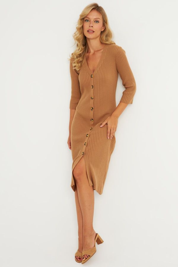 Cool & Sexy Women's Camel Knit Midi Shirt Dress YV274