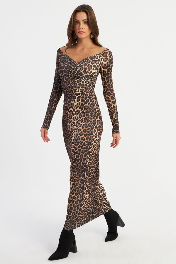 COOL & SEXY WOMEN'S CAMEL-BLACK DOUBLE BREASTED LEOPARD MAXI NEW YEAR'S DRESS LIK11