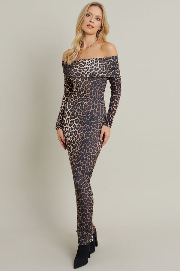 COOL & SEXY WOMEN'S CAMEL-BLACK MADONNA COLLAR MAXI DRESS LIK10