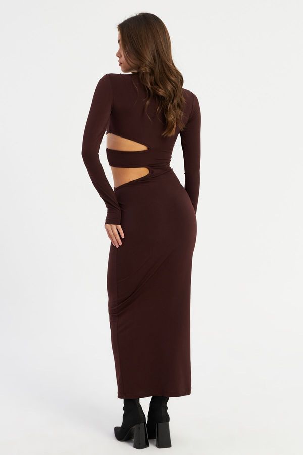 COOL & SEXY WOMEN'S BROWN LOW-CUT MAXI NEW YEAR'S DRESS LIK9